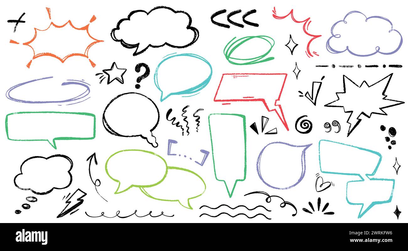 Set of hand drawn pencil speech bubbles, emphasis, punctuation marks ...