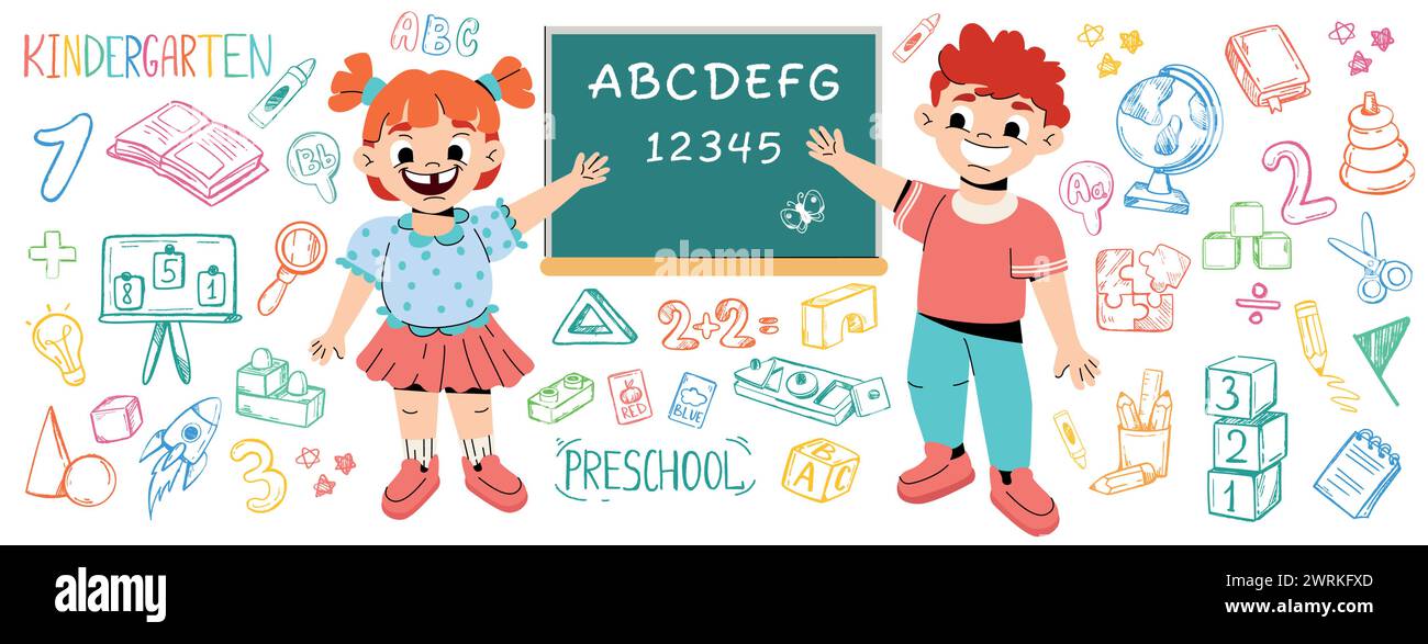 Cartoon happy kids by blackboard learning math and alphabet in ...