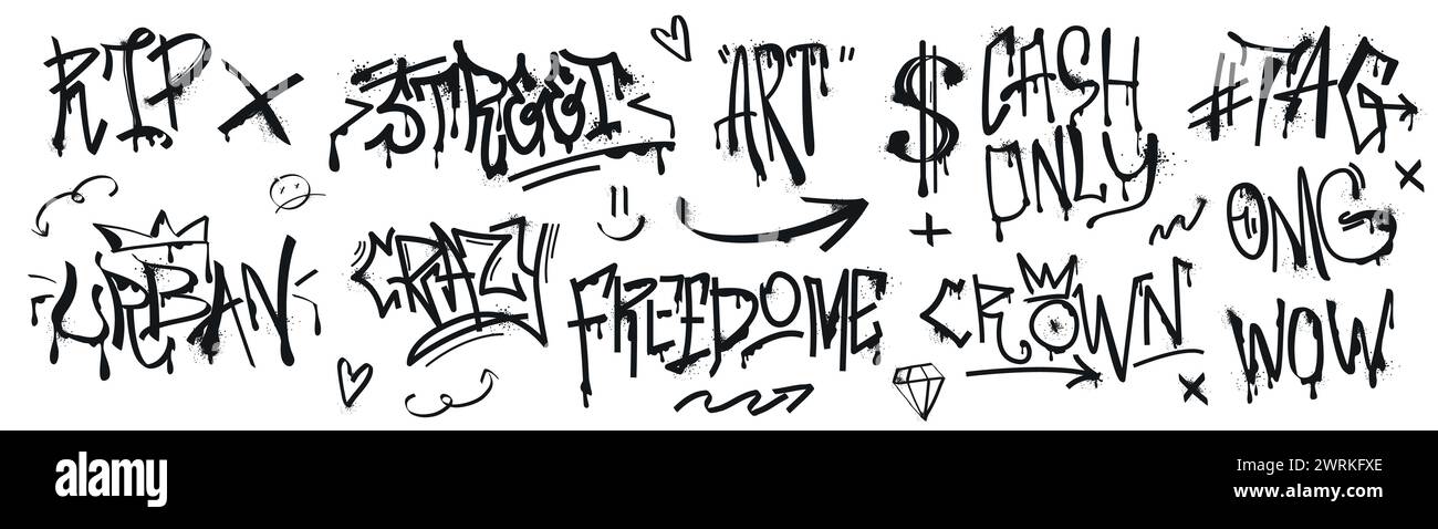 Set of spray paint tags, slogan or arrow with graffiti effect. Hand ...