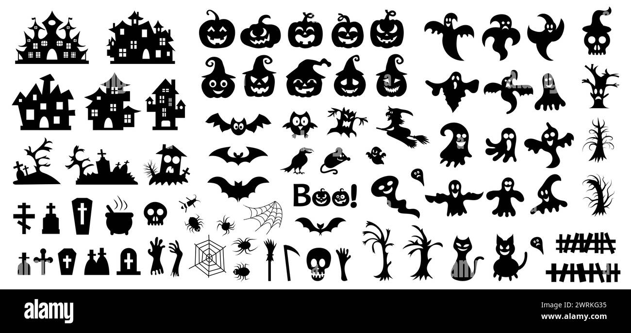 Big set of silhouettes of Halloween on a white background. Vector ...