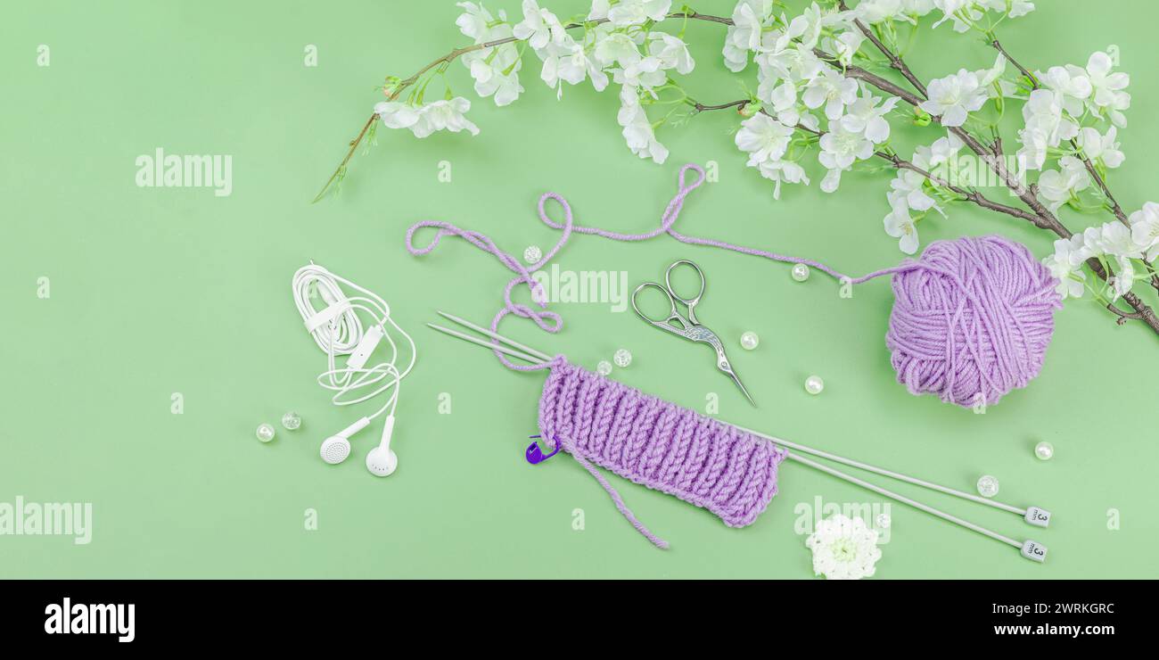 Spring knitting concept. Pattern example, traditional tools, ball of ...
