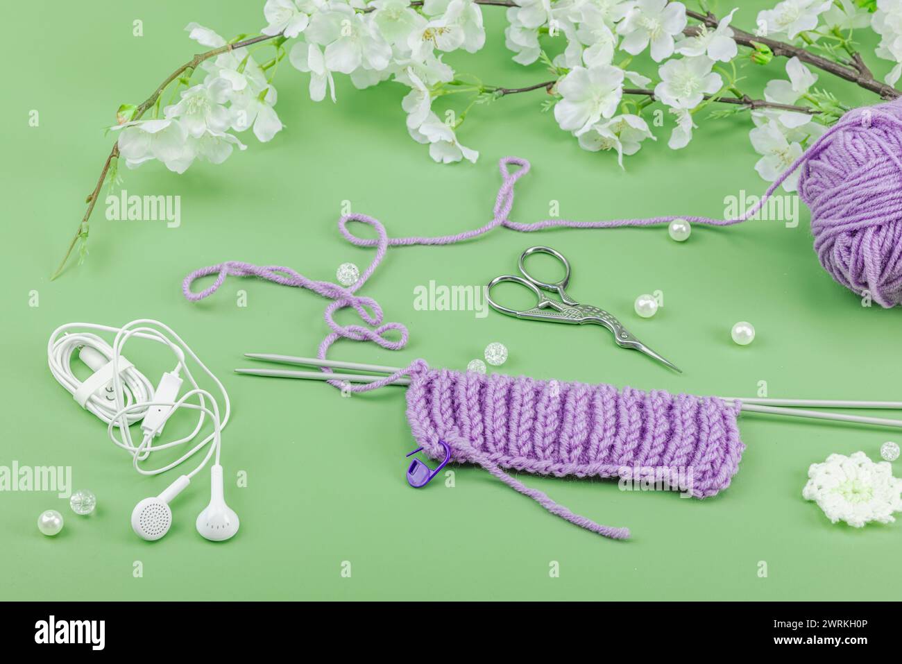 Spring knitting concept. Pattern example, traditional tools, ball of ...