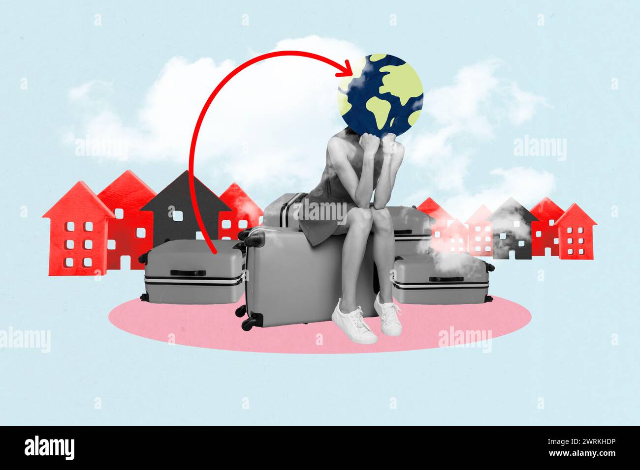 Photo collage young sitting girl depressed sad moving another place ...