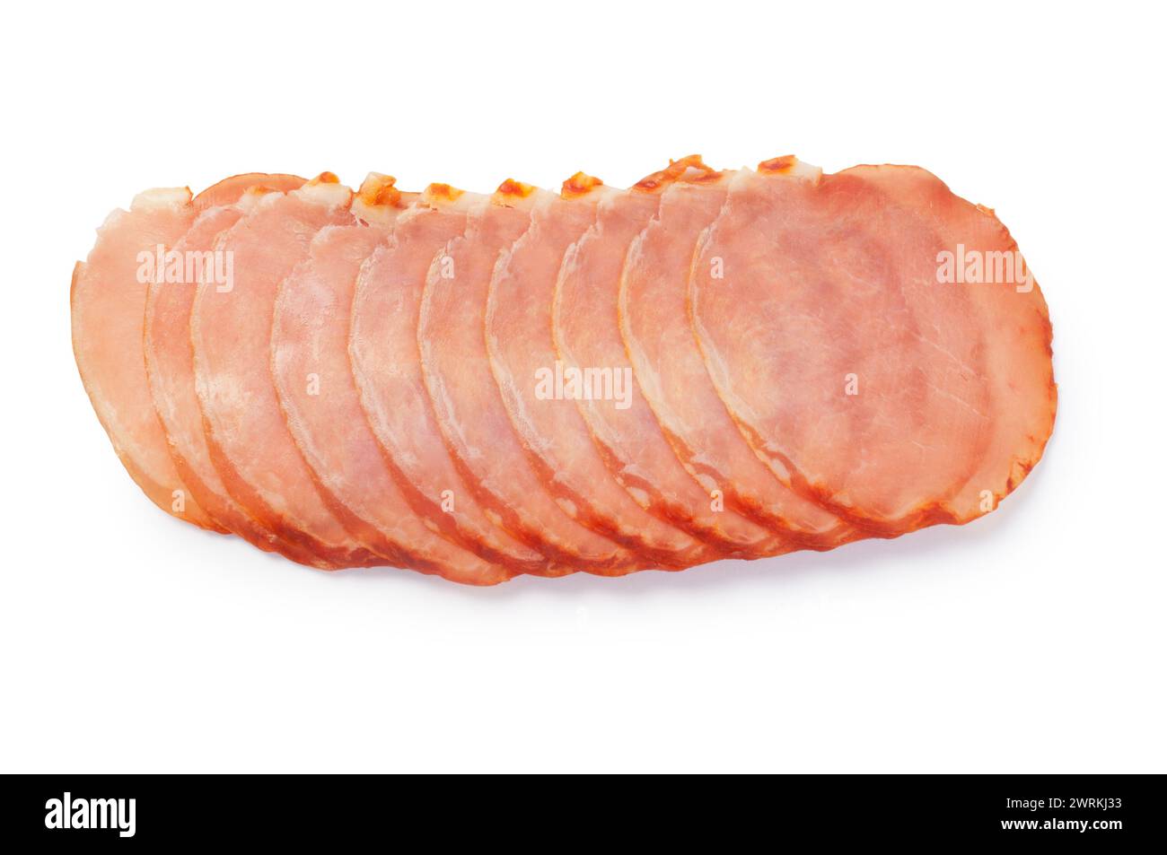 Studio shot of sliced lomo, air dried Spanish pork loin with paprika ...