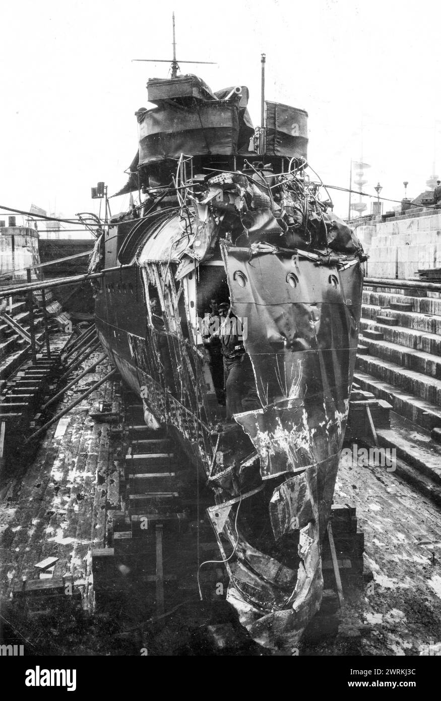 The torpedo boat destroyer HMS Kestrel in dry dock after her collision ...