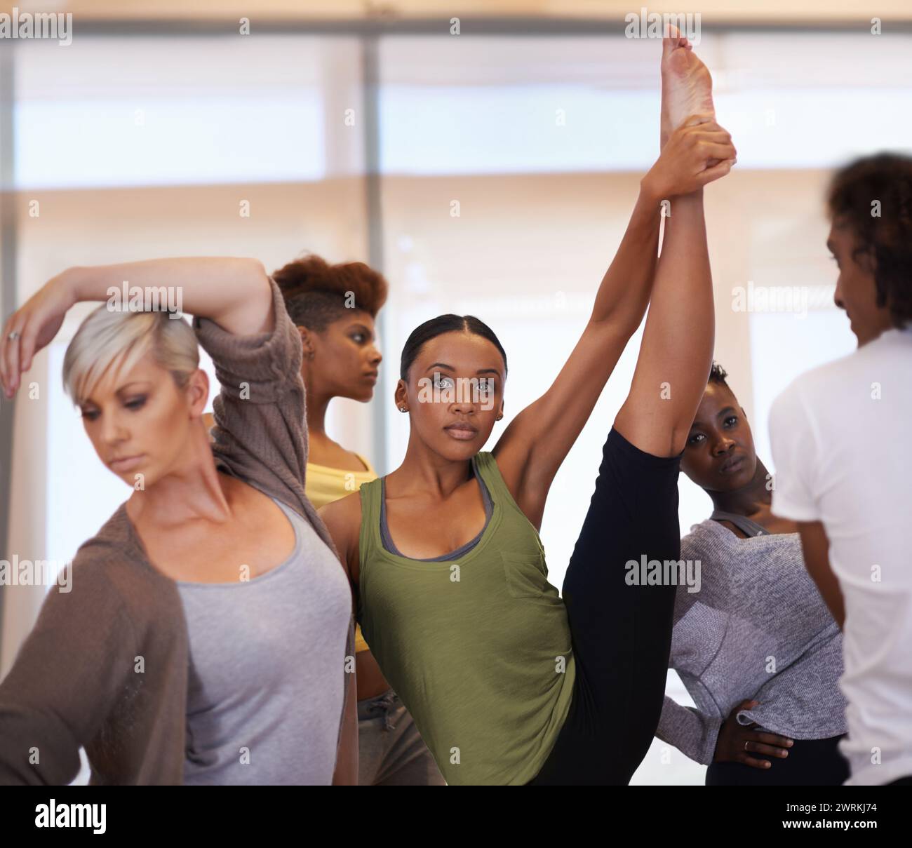 People, practice and ballet in dance studio with teamwork for workout ...