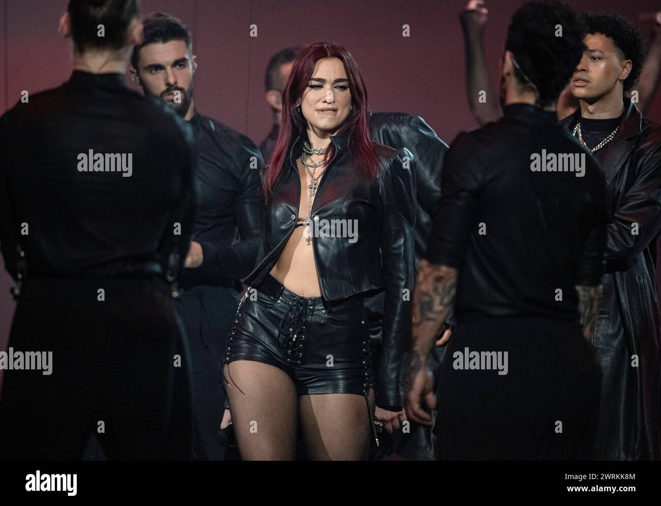 Dua Lipa performing live at the 2024 BRIT awards ceremony, O2 Arena ...