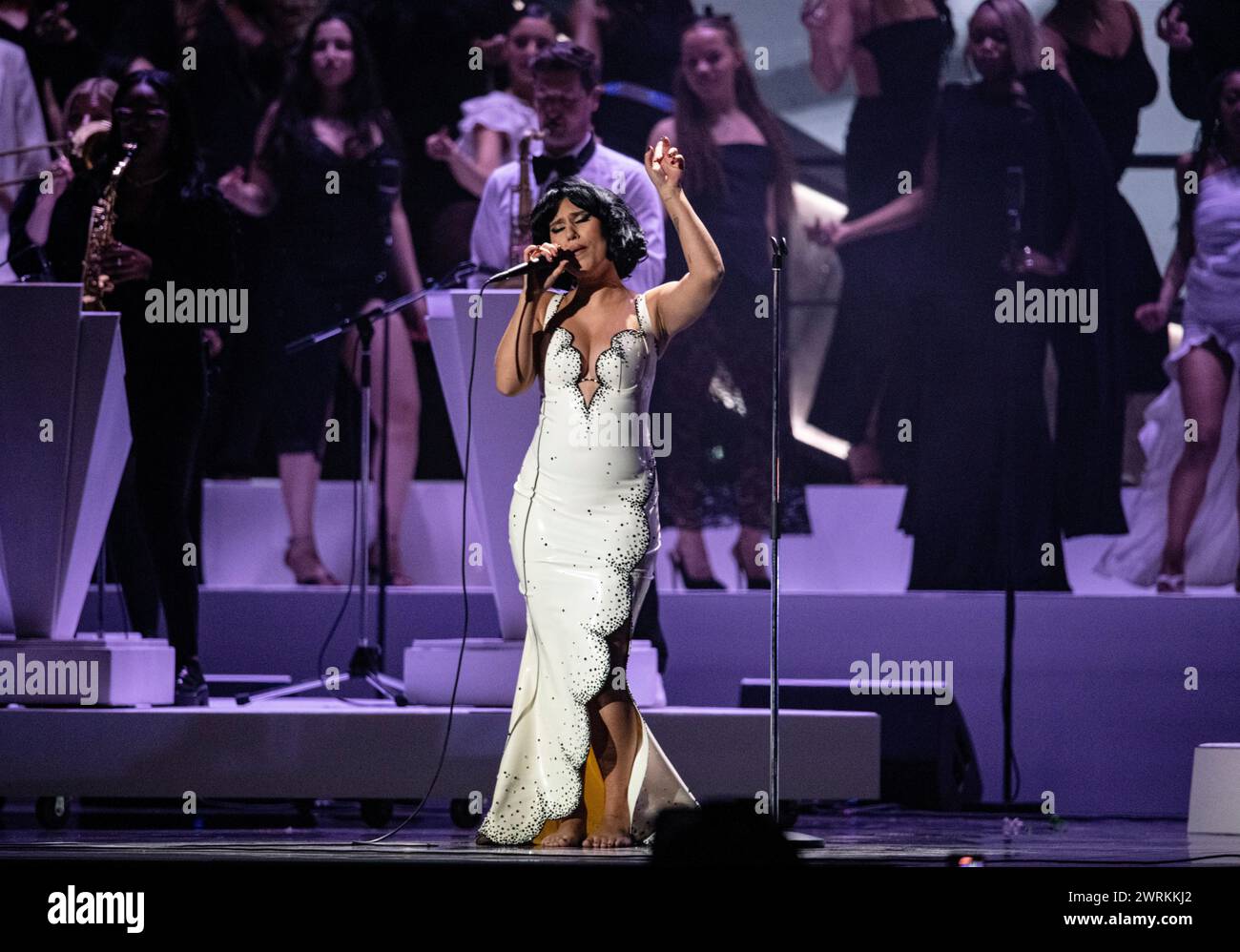 RAYE performing live at the 2024 BRIT awards ceremony, O2 Arena, London ...