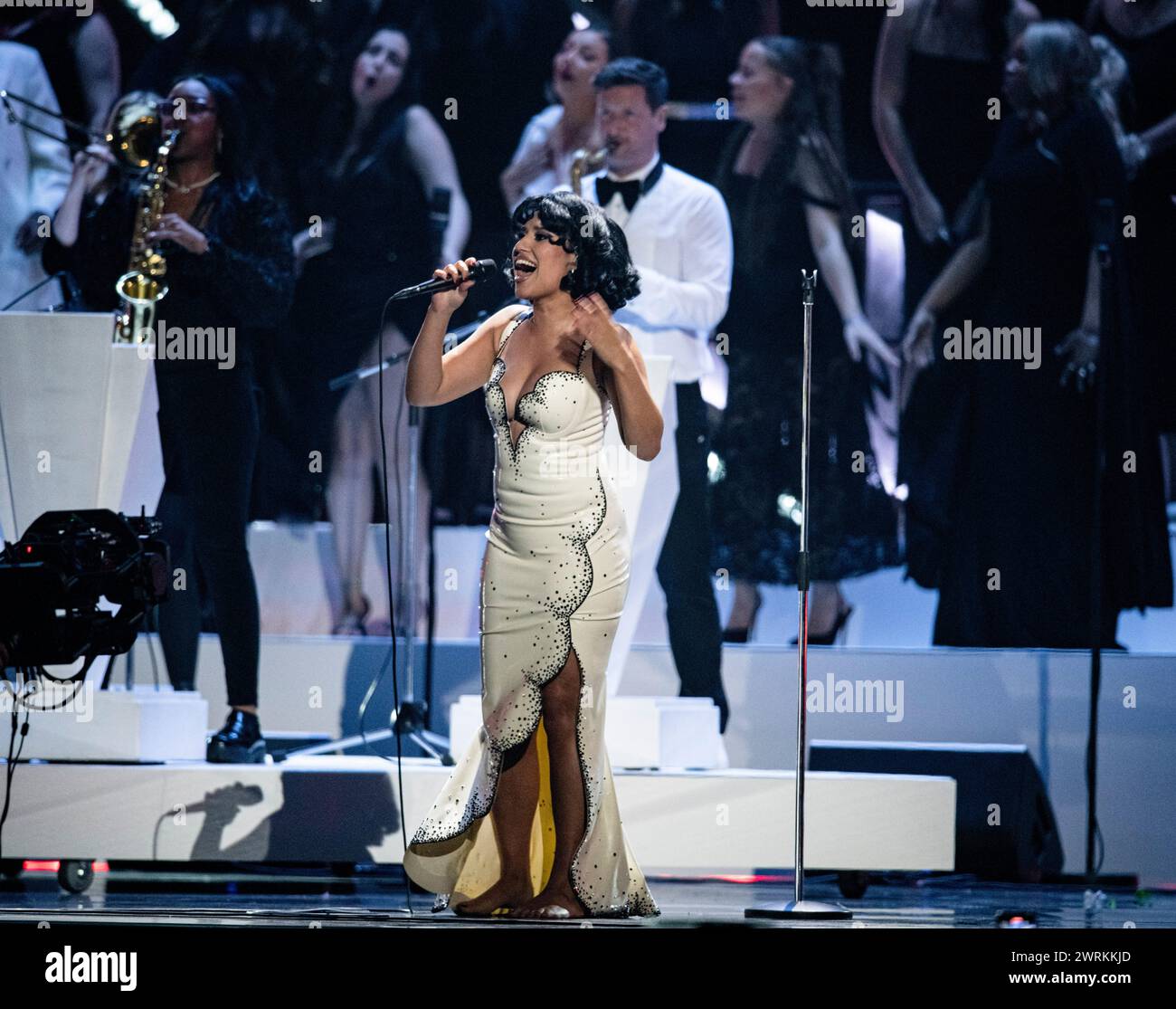 RAYE performing live at the 2024 BRIT awards ceremony, O2 Arena, London ...