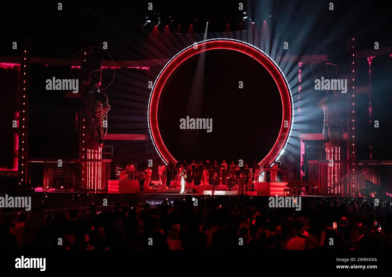 RAYE performing live at the 2024 BRIT awards ceremony, O2 Arena, London ...