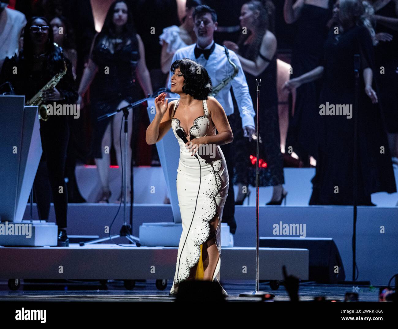 RAYE performing live at the 2024 BRIT awards ceremony, O2 Arena, London ...