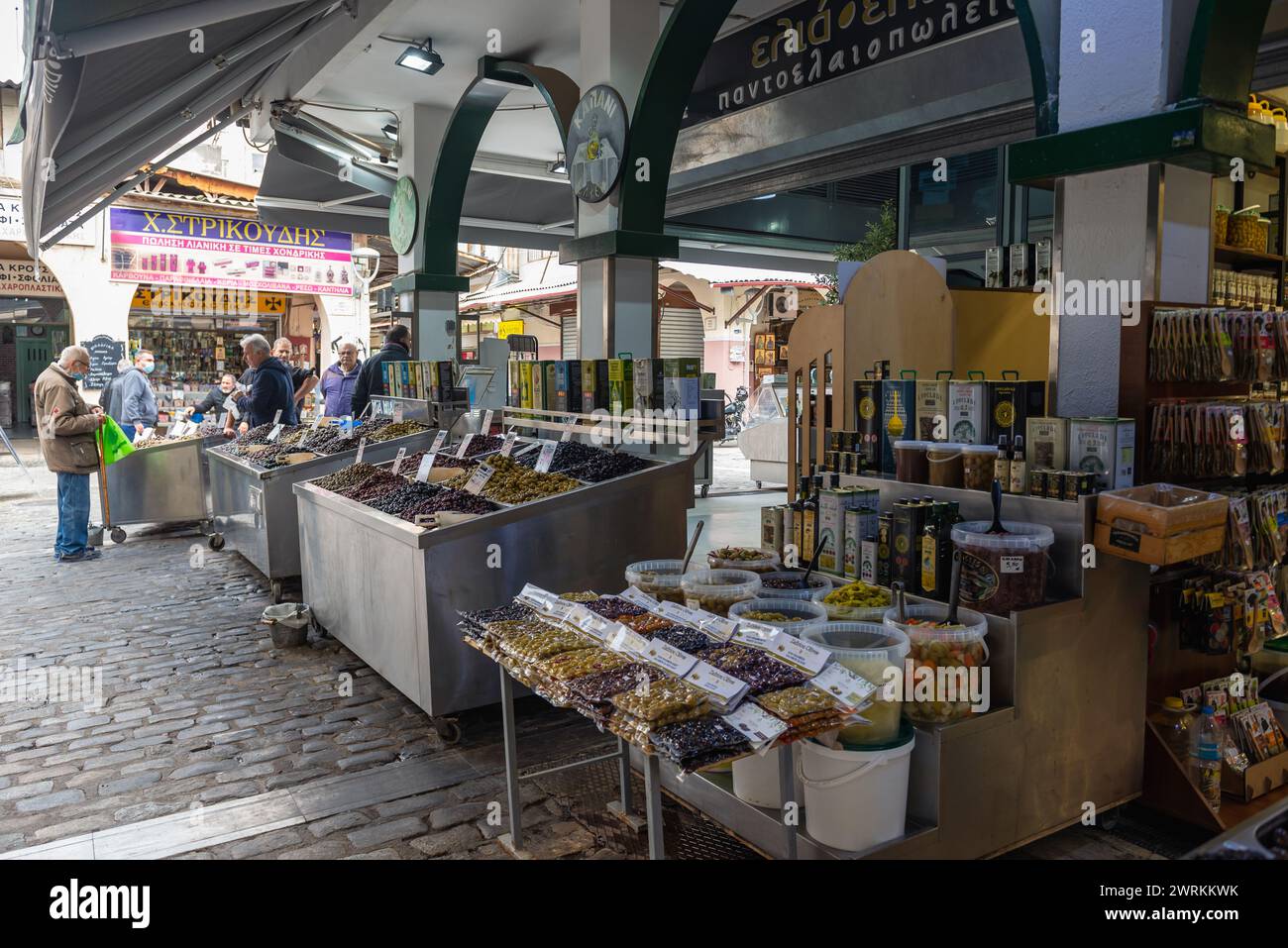Stand with varieties of olives in Kapani food market in Thessaloniki ...