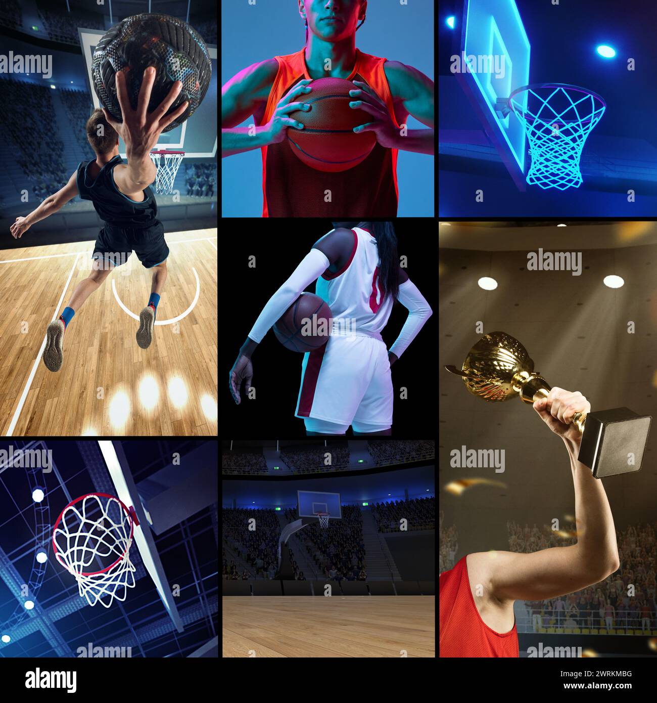 Collage of basketball images including players, hoop and trophy ...