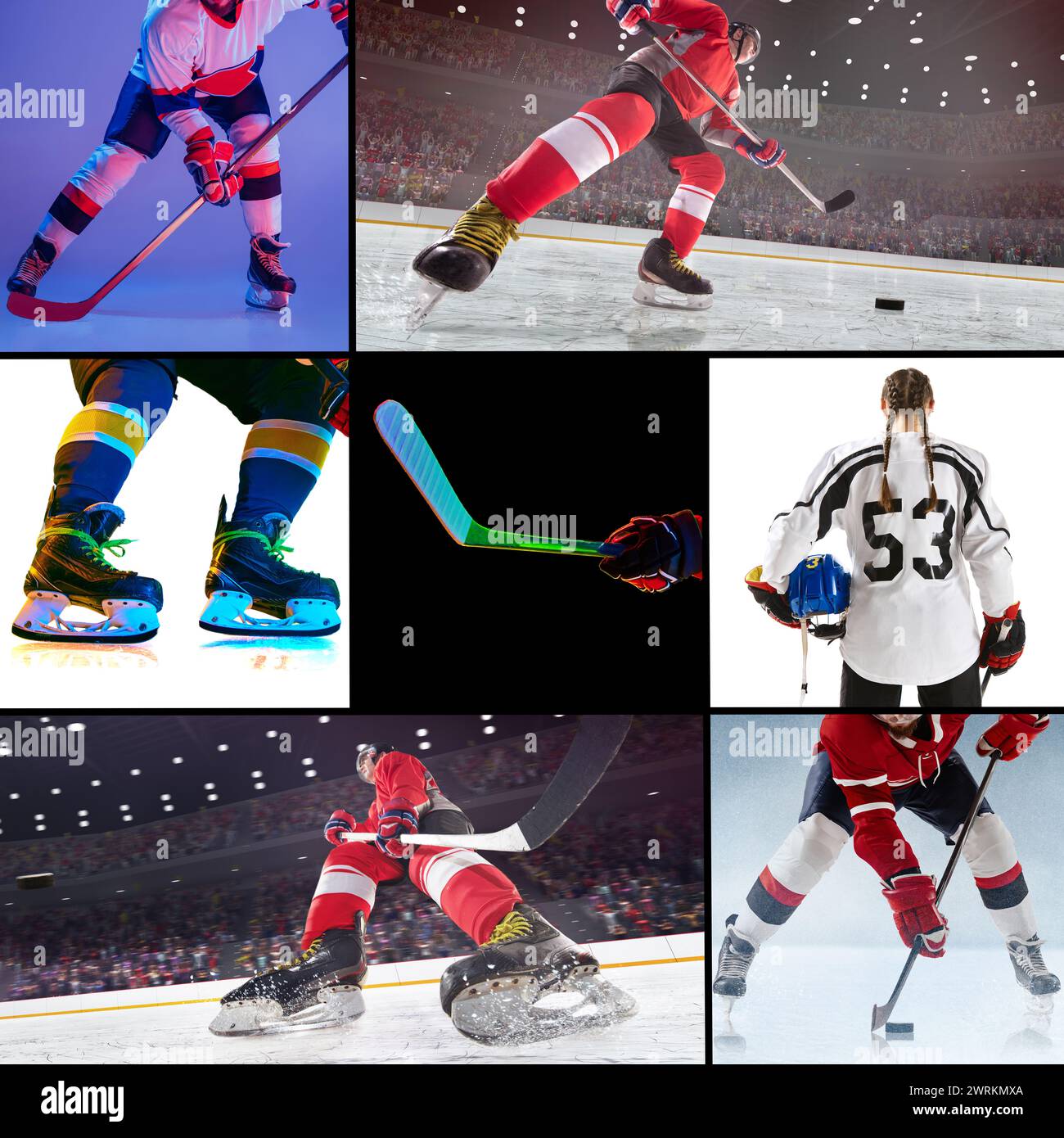 Collage of ice hockey images with players in motion, gear and arena ...