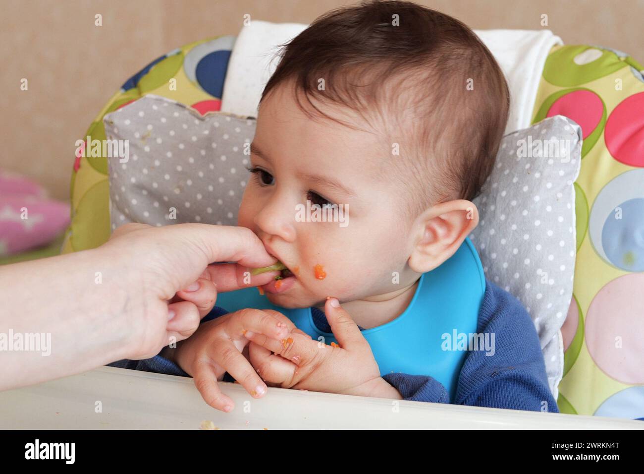 Portrait of little baby boy eating food. Baby with a spoon in feeding ...