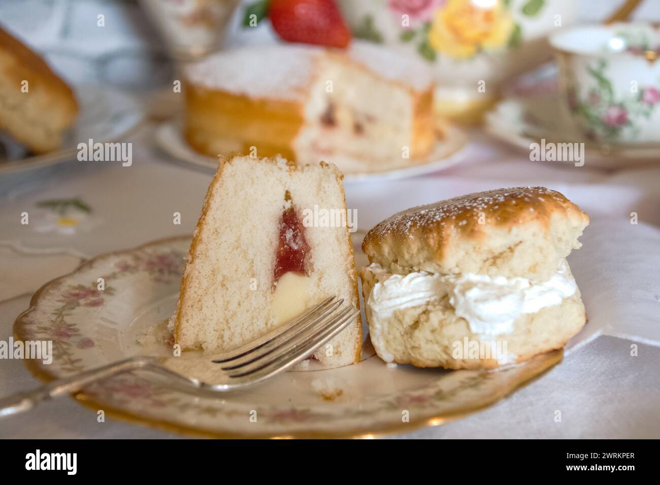 Vintage style afternoon tea strawberries and cream Victoria sponge ...