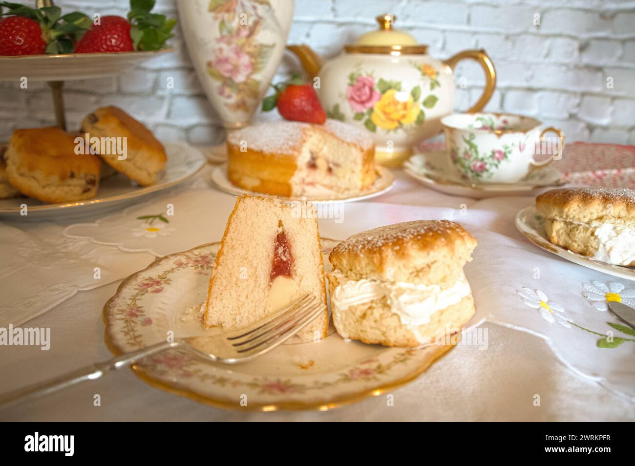 Vintage style afternoon tea strawberries and cream Victoria sponge ...