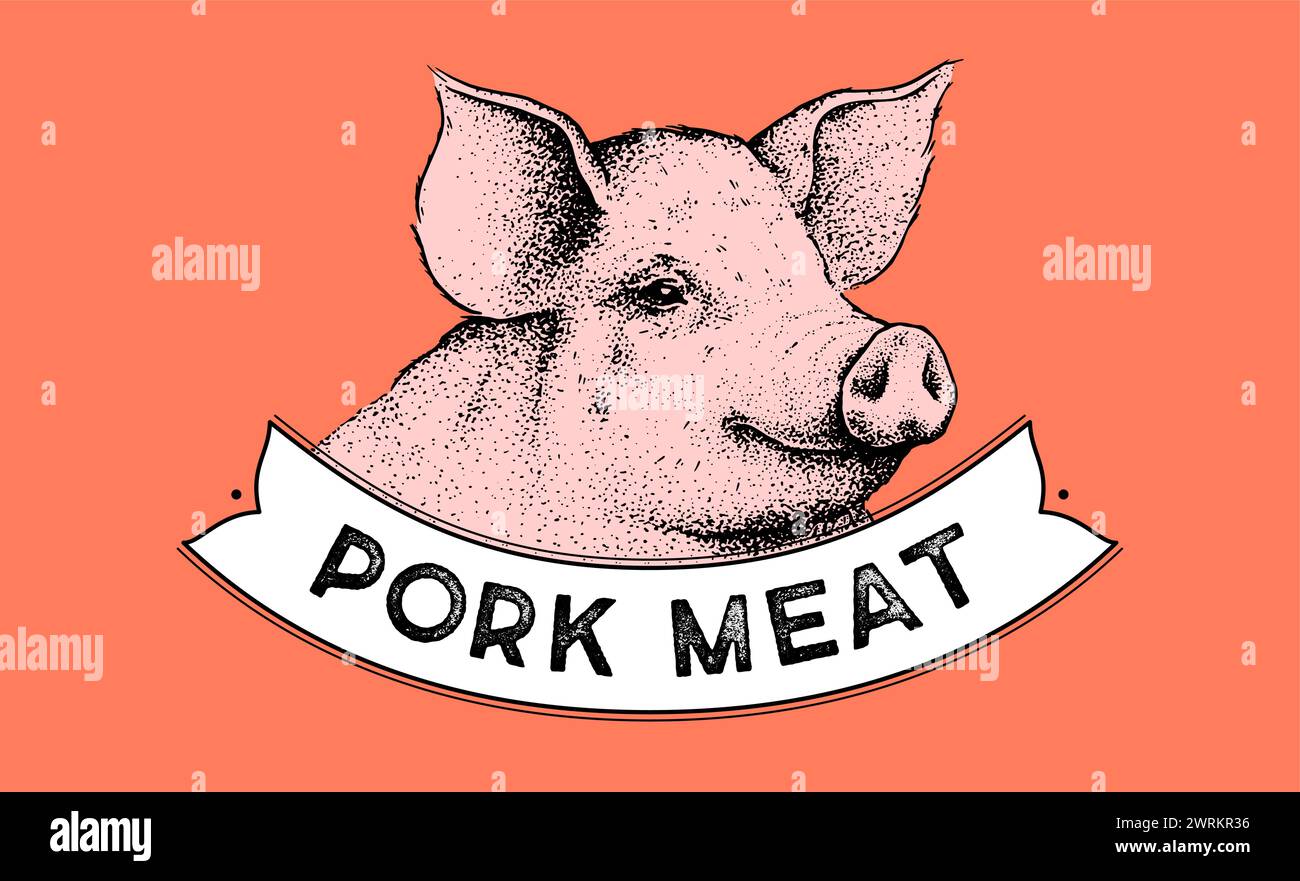 Pork, pig head, meat label. Template Meat Tag Label. Vintage retro ...