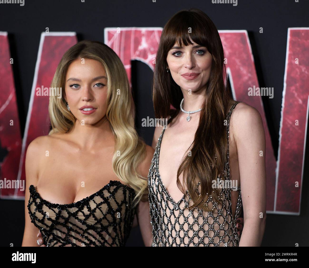 LOS ANGELES - FEB 12: Sydney Sweeney, Dakota Johnson at the Madame Web Premiere at the Village ...