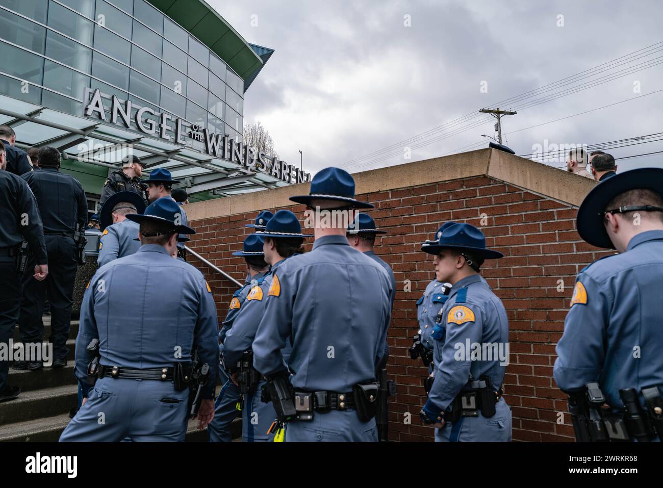 Fellow troopers attend the memorial ceremony of Washington State Patrol ...