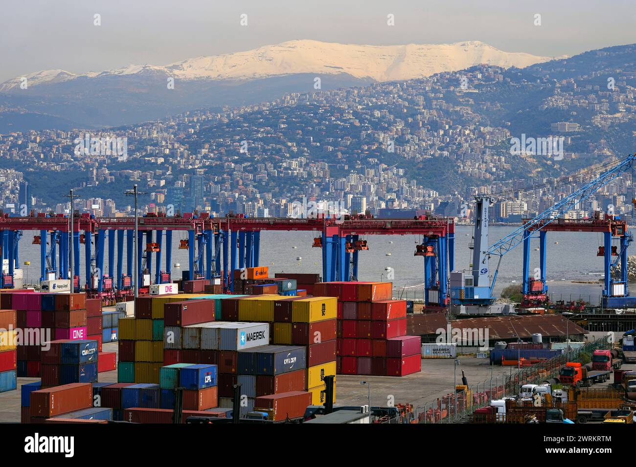 Shipping containers are stacked at the Beirut Port, in Beirut, Lebanon ...