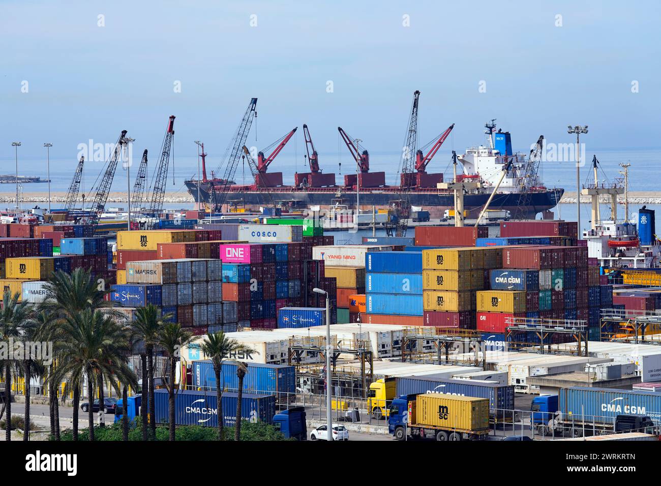 Shipping containers are stacked at the Beirut Port, in Beirut, Lebanon ...