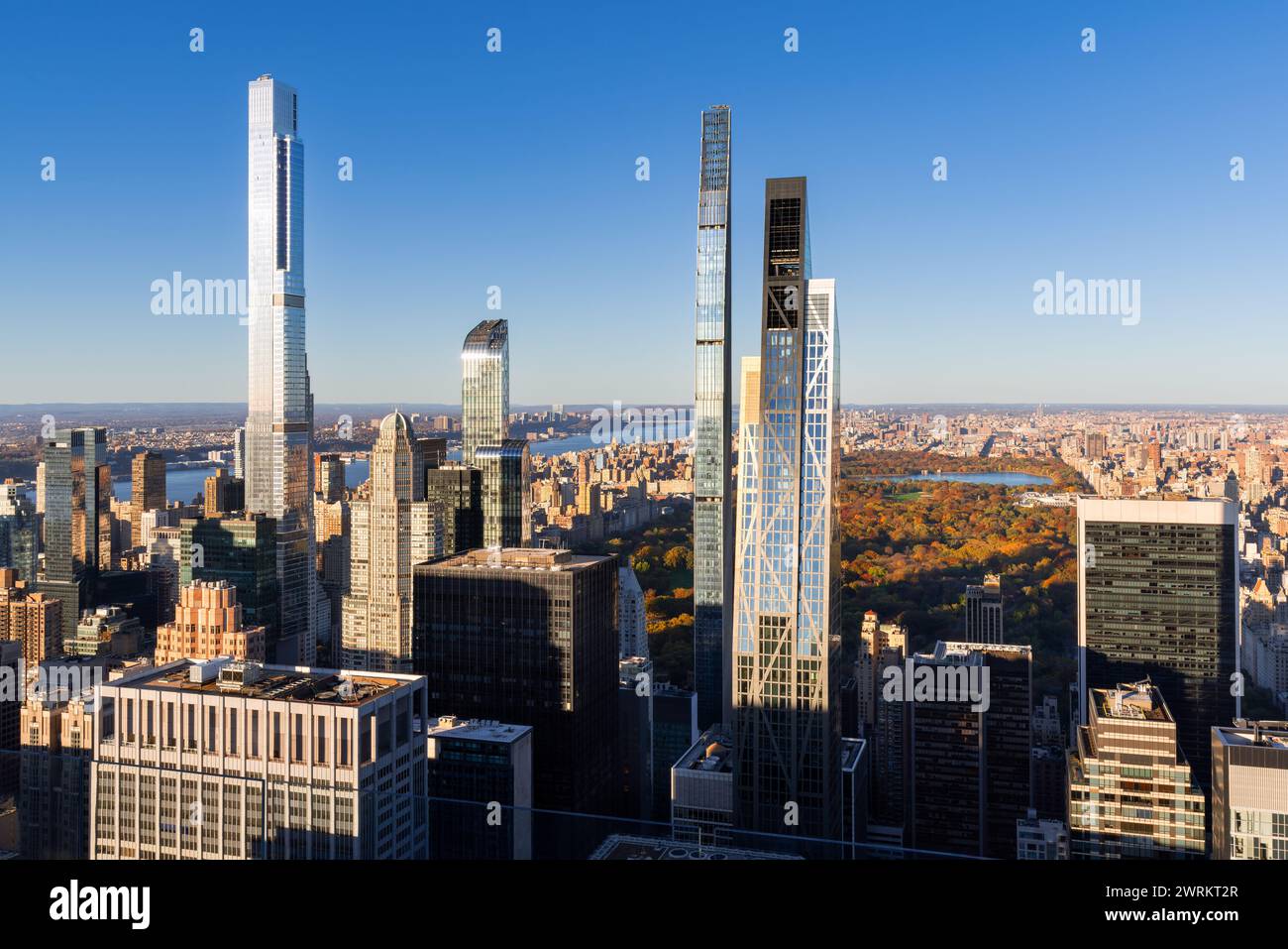 New York City aerial view of the Billionaires Row supertall skyscrapers of Midtown Manhattan and ...