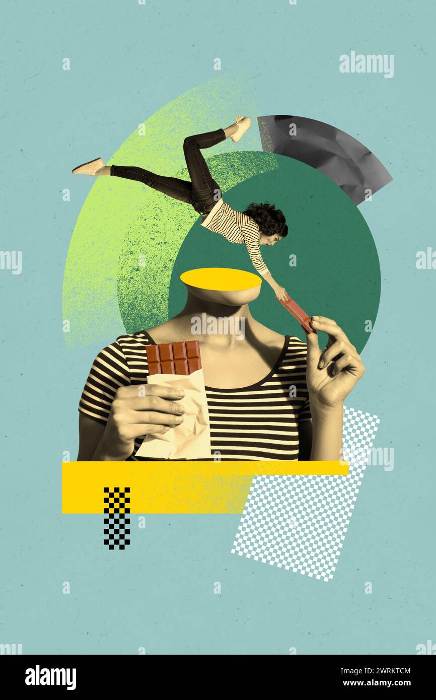 Collage artwork picture of headless lady sharing tasty chocolate ...