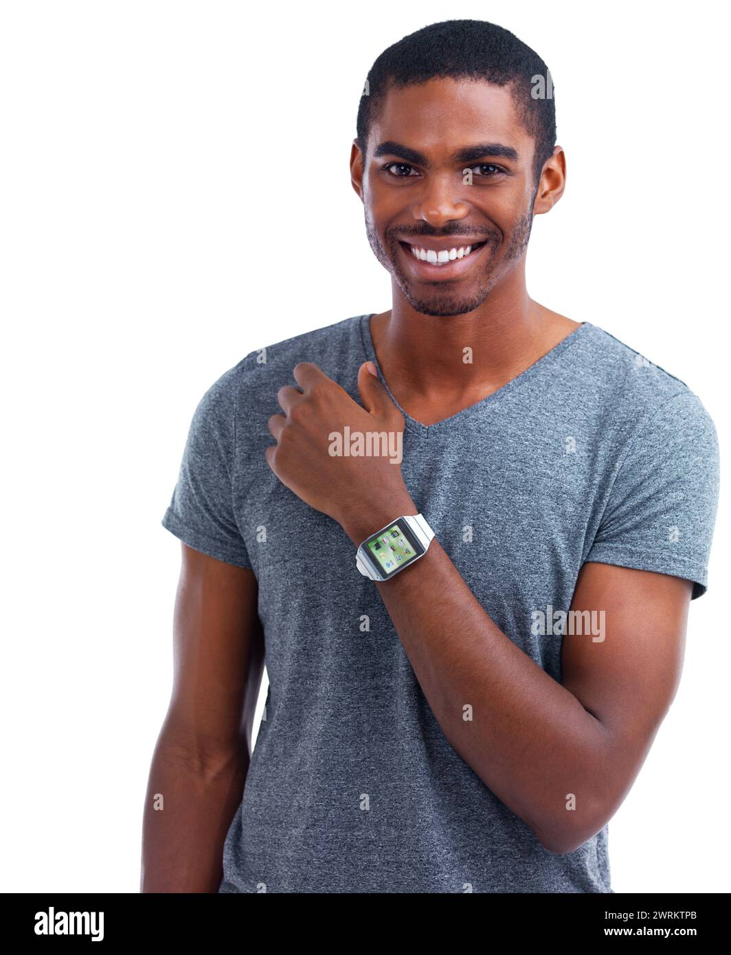 Portrait, smartwatch and black man with smile, screen and model ...