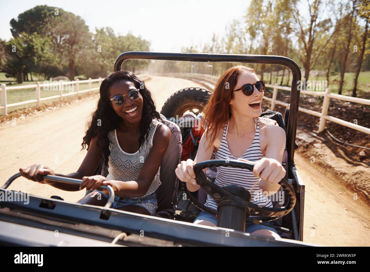 Happy women, laughing and vacation with road trip in nature and funny ...