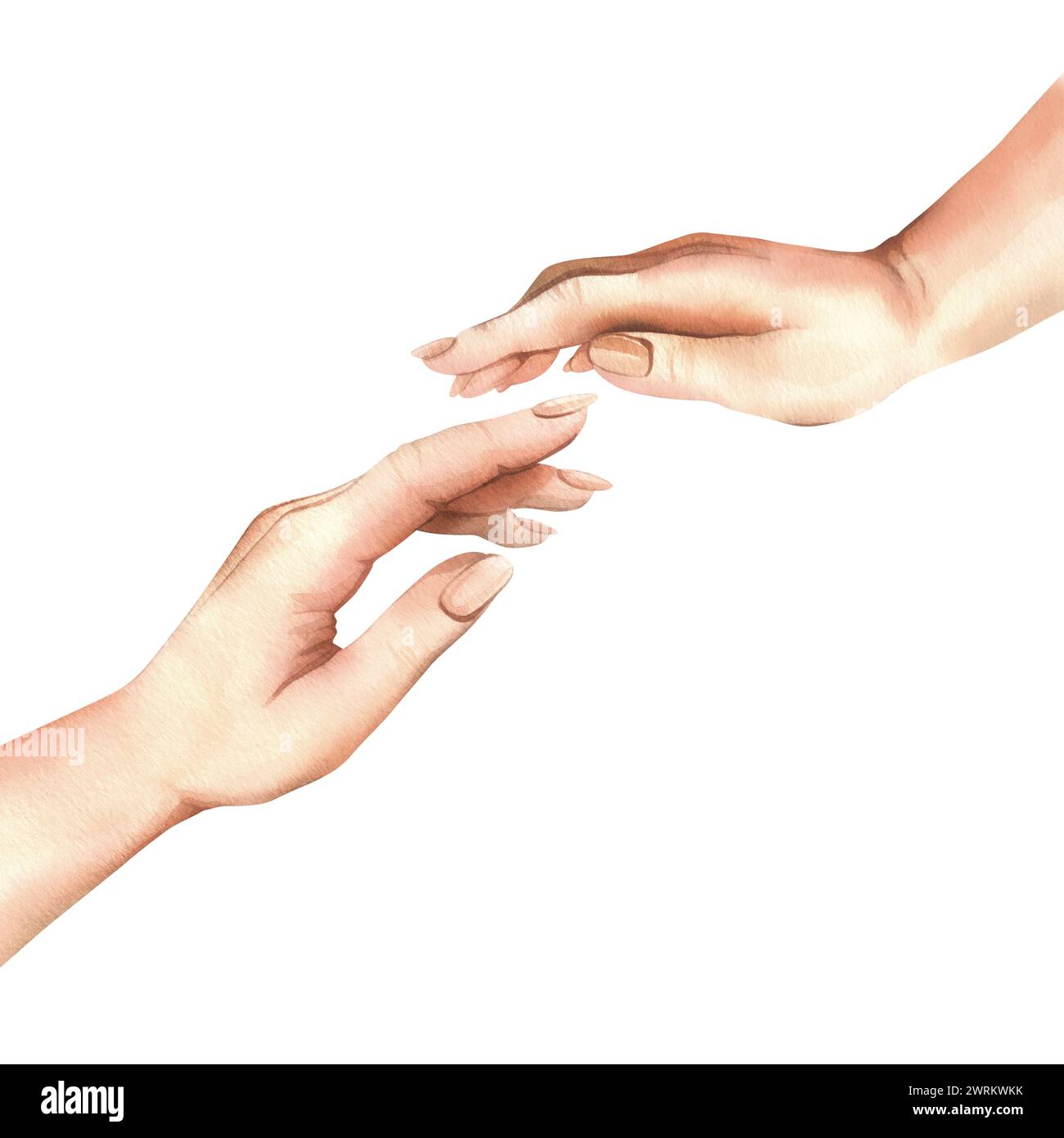 Hands of a white woman, palms side view, reaching towards each other to ...