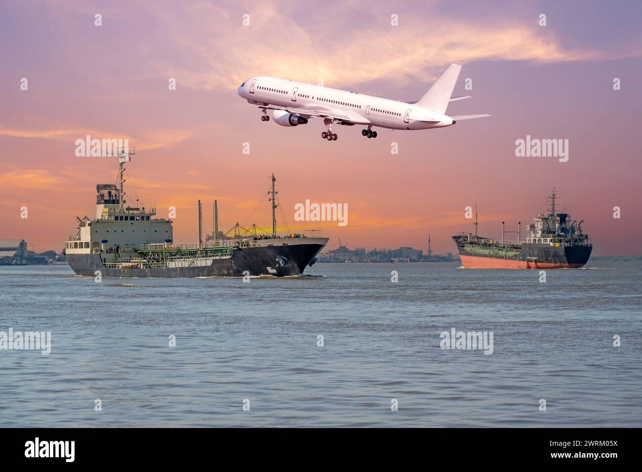 Cargo freight ships and passenger plane landing take off airport in ...