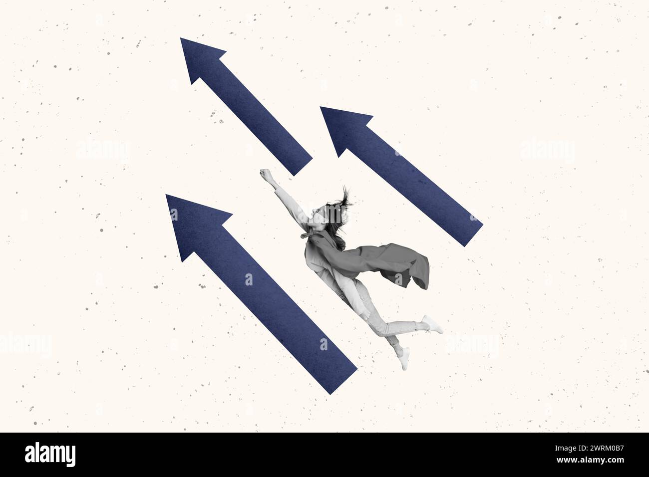 Photo collage image young superhero woman fly upwards arrows direction ...