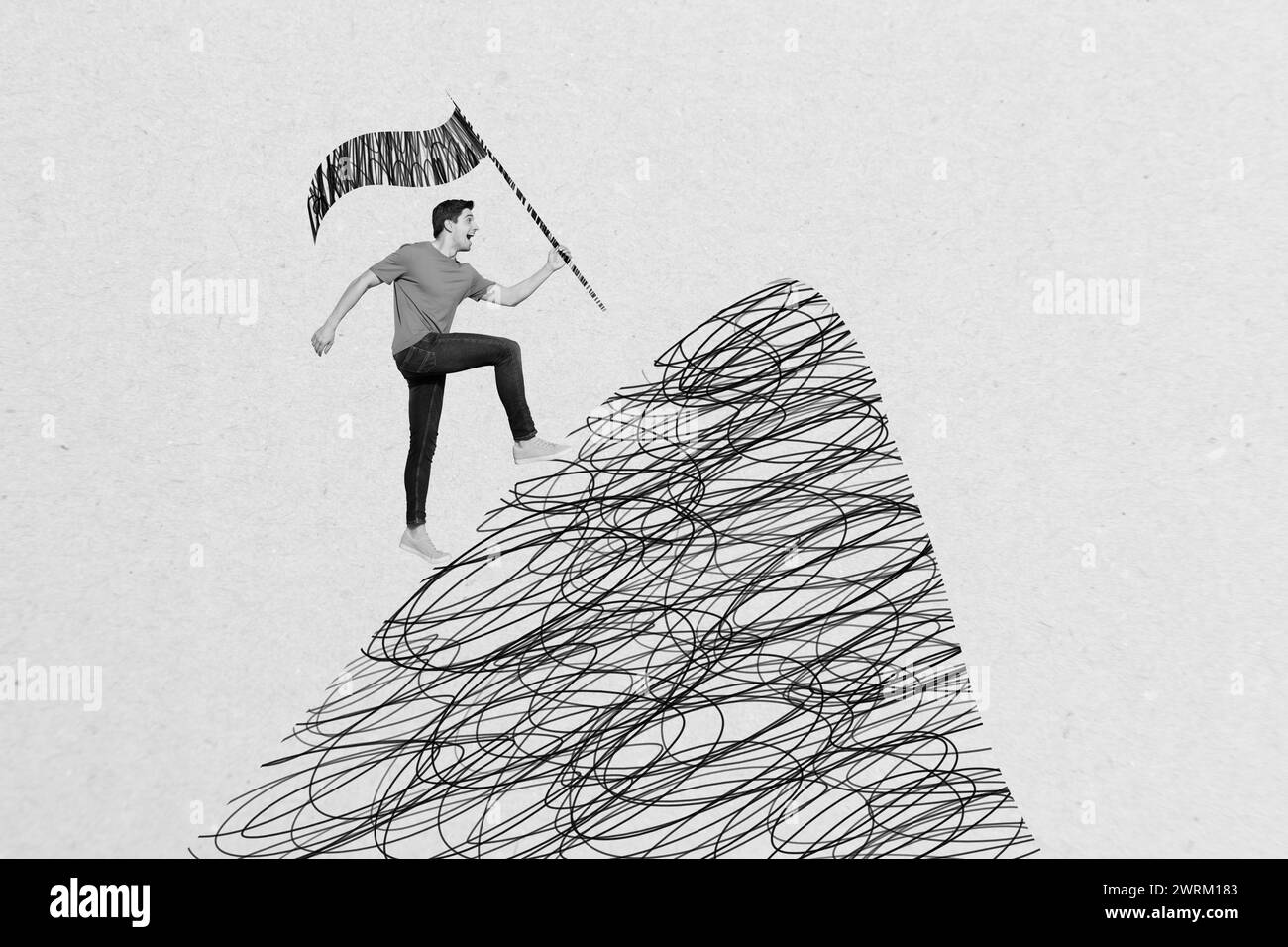 Creative photo collage young man climb mountain rock carry flag ...