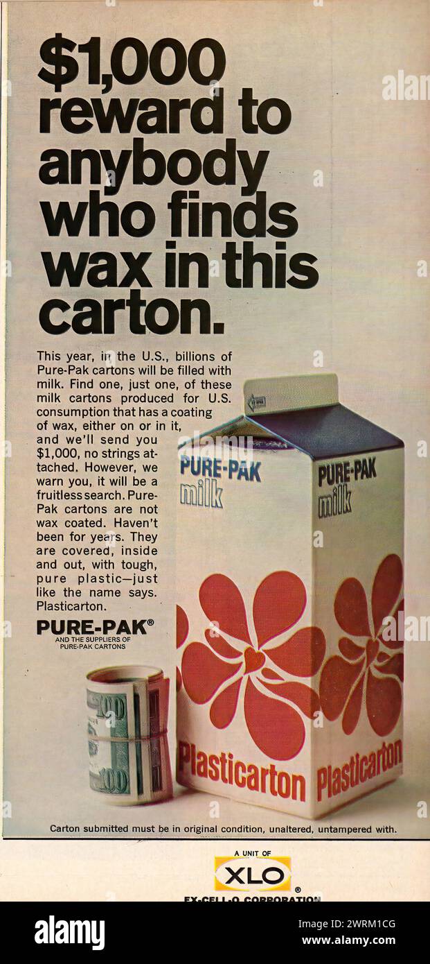 Pure-Pak - 1970 - Vintage American magazine advert from the 70s Stock ...
