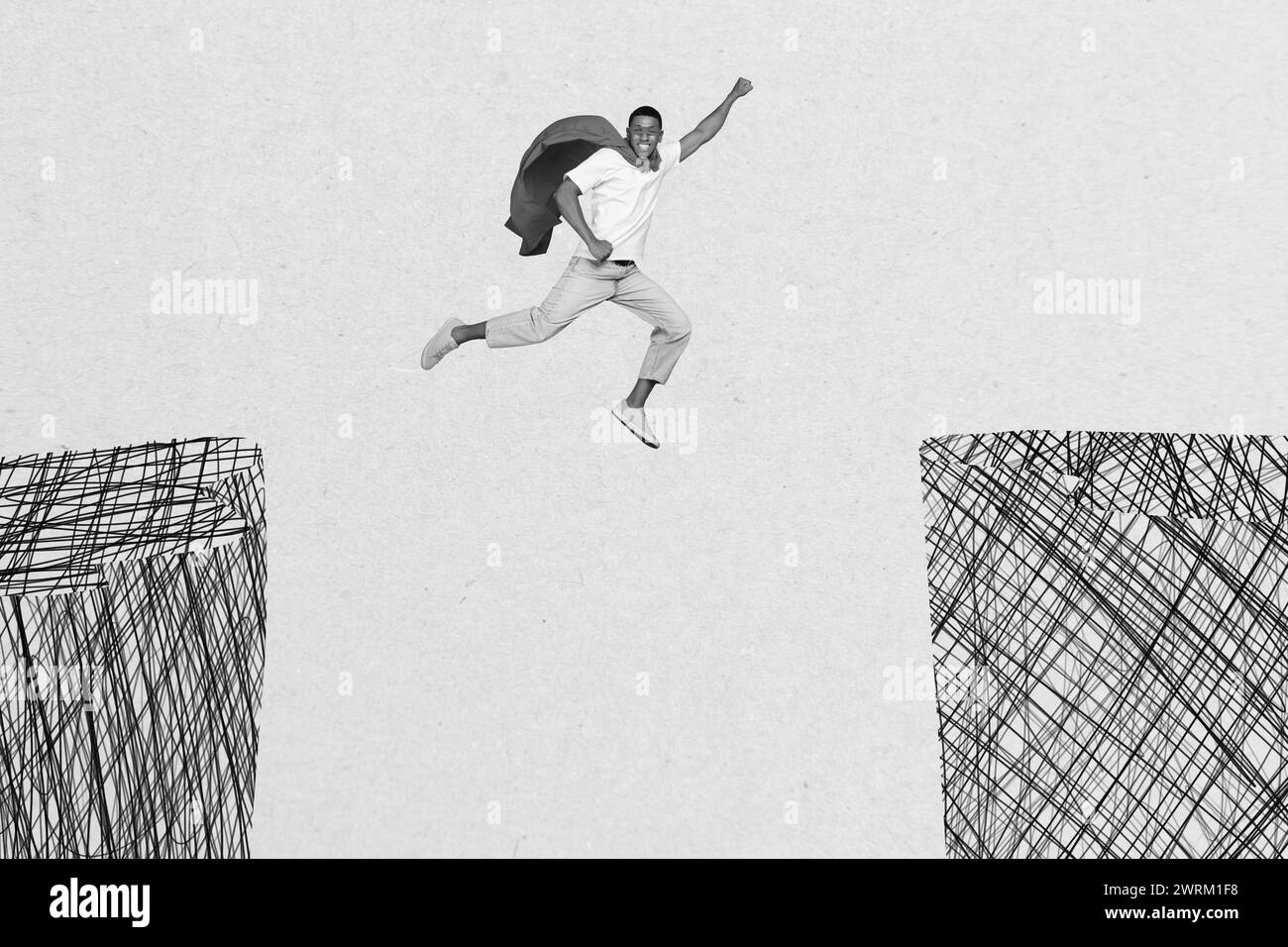 Creative collage picture young man flight superman hero brave overcome ...