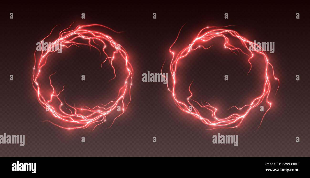 Red electric lightning frames, round thunderstorm border, realistic ...