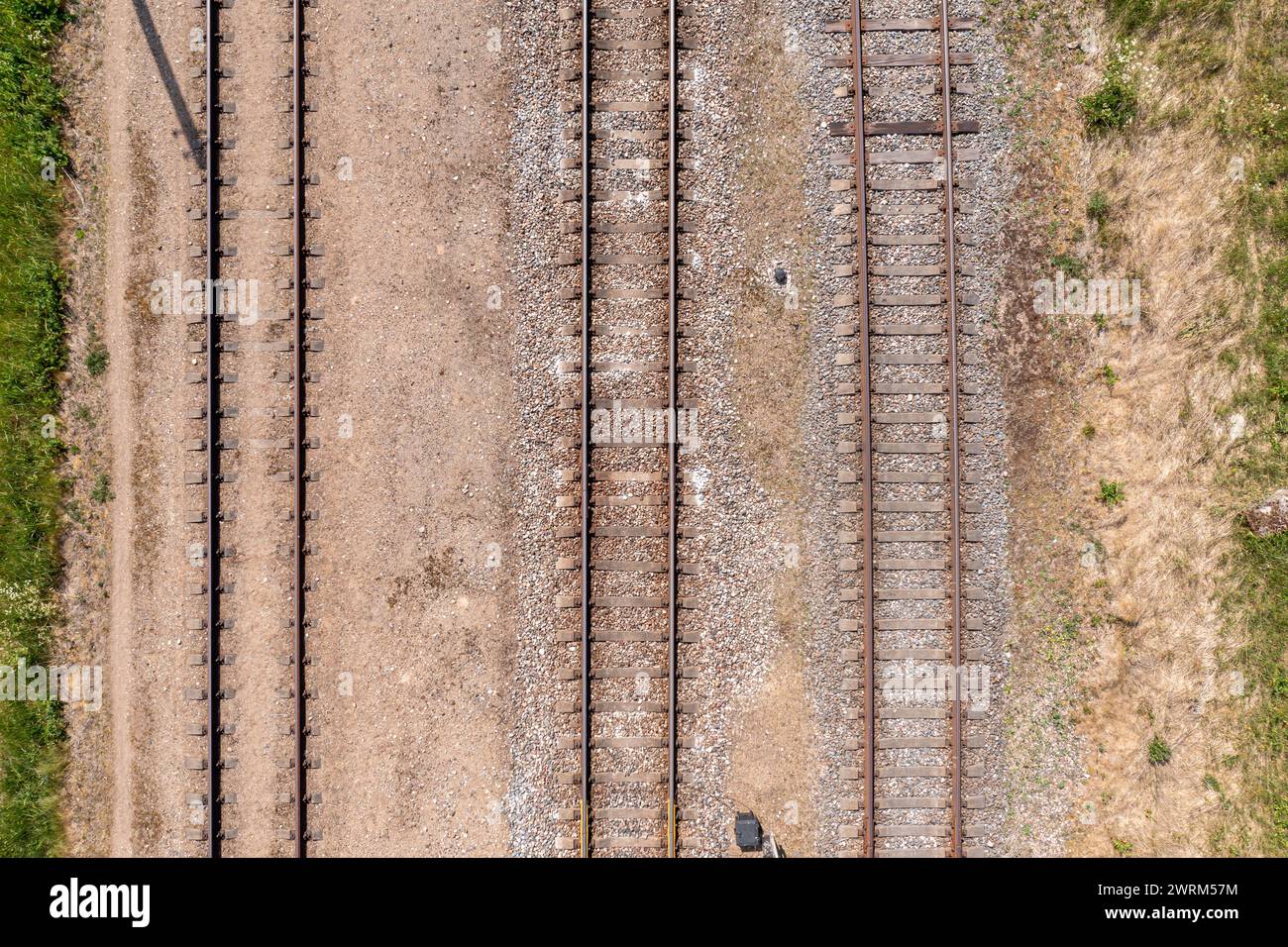 Railway top view background. Rail track texture. Track ballast gravel ...