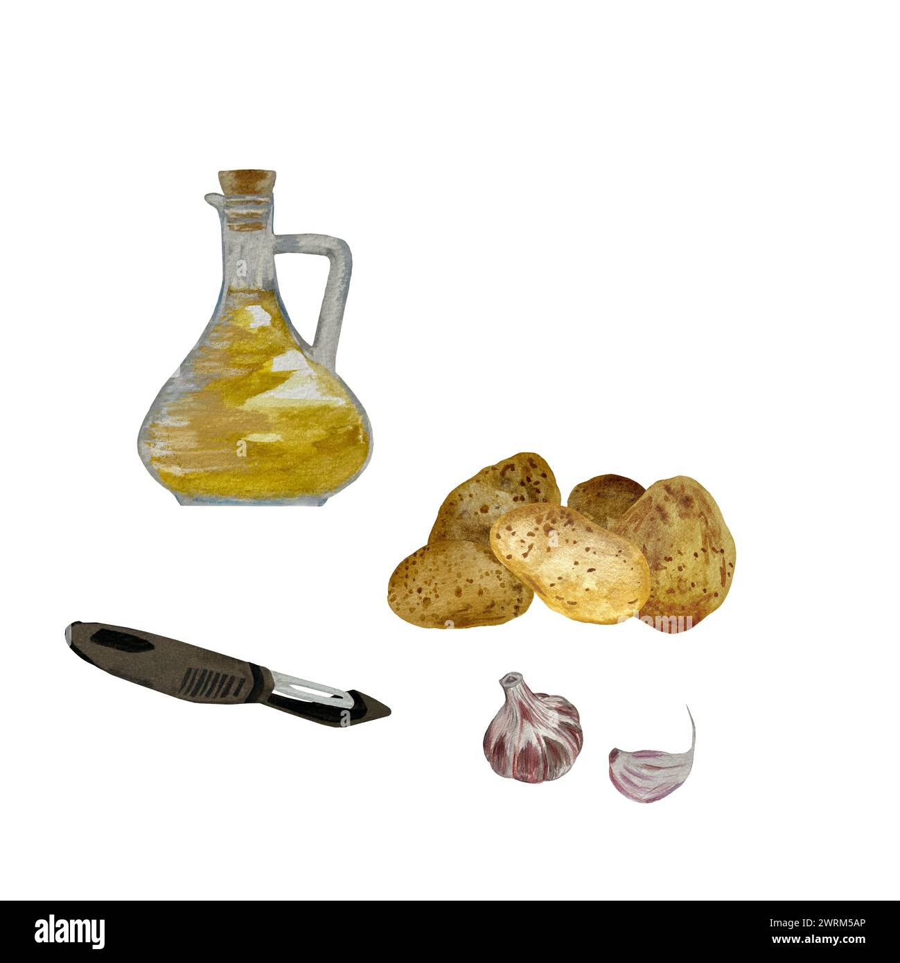 Potato oil knife garlic a watercolor illustration Stock Photo - Alamy