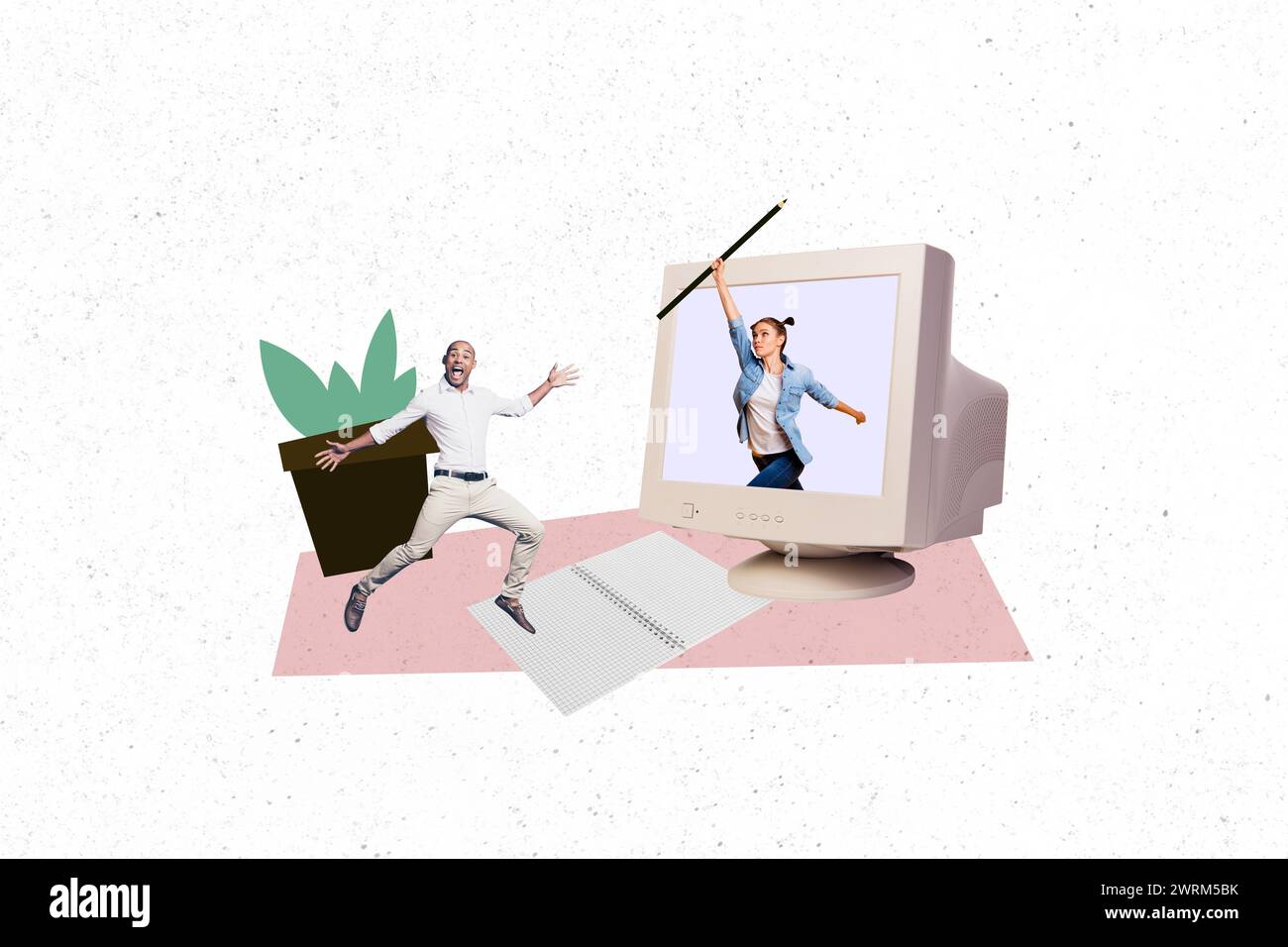 Creative image collage emotional flying man houseplant employee worker ...