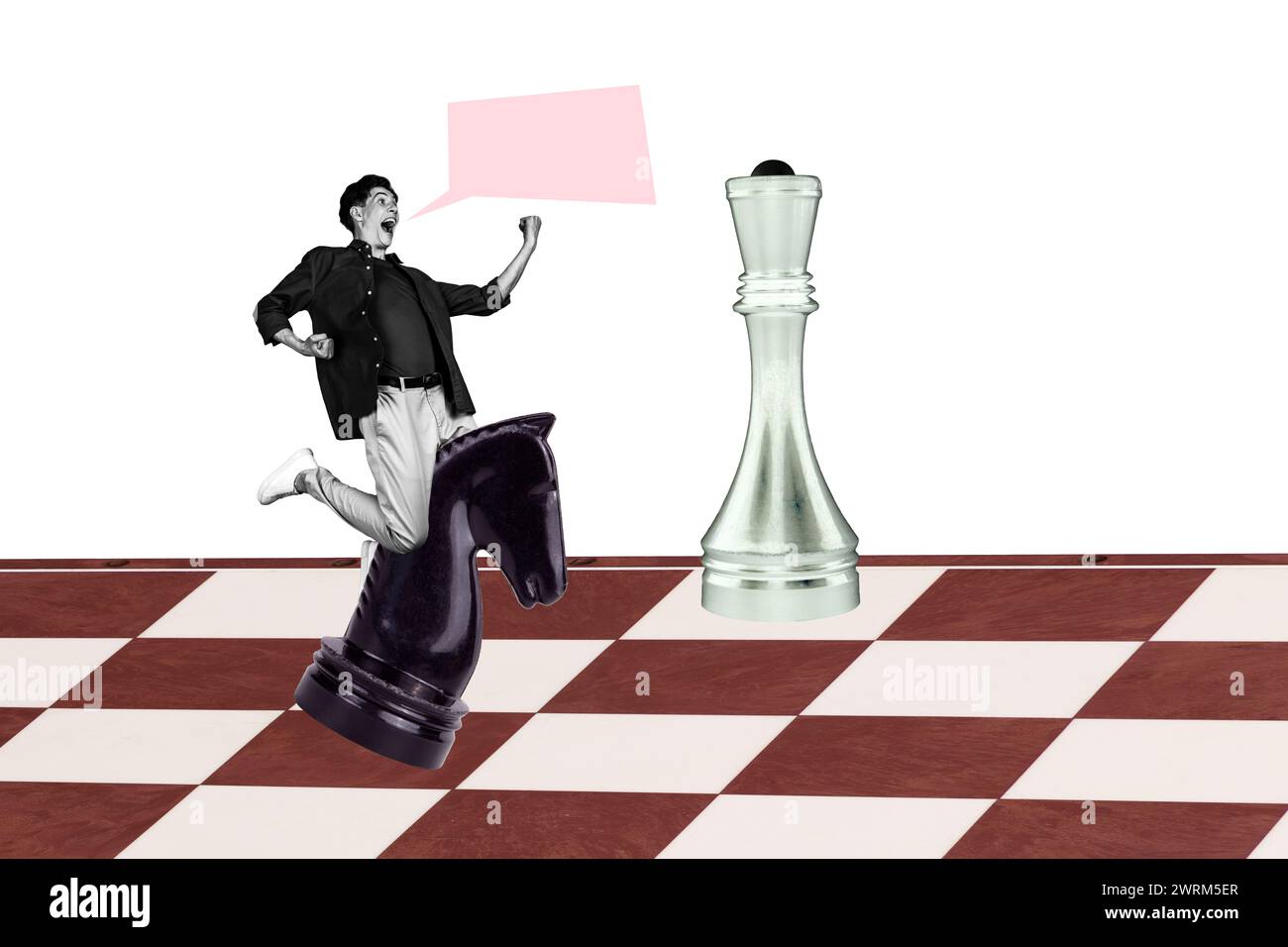 Composite photo collage of young man knight horse chess competition ...