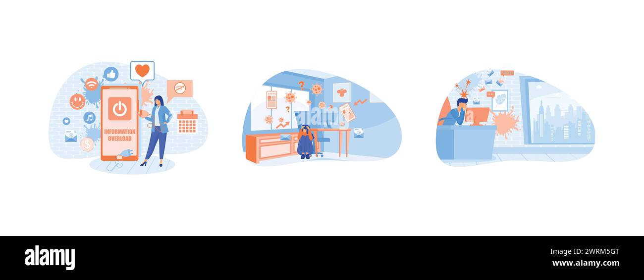 Overload information. Girl hiding under table. Stressed person in info ...