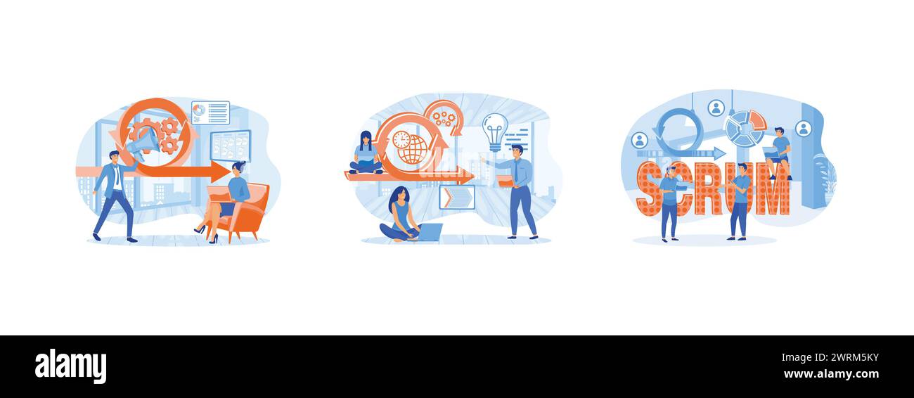 Software development. Scrum meeting conversation working on laptop. Scrum Framework. Scrum ...