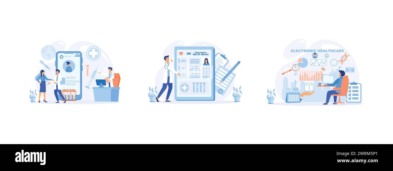 Patient health record, doctor helping people, digital patient tablet ...