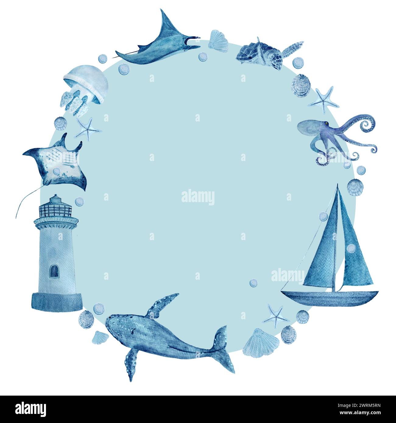 Watercolor hand-drawn blue monochromatic round frame isolated on white ...