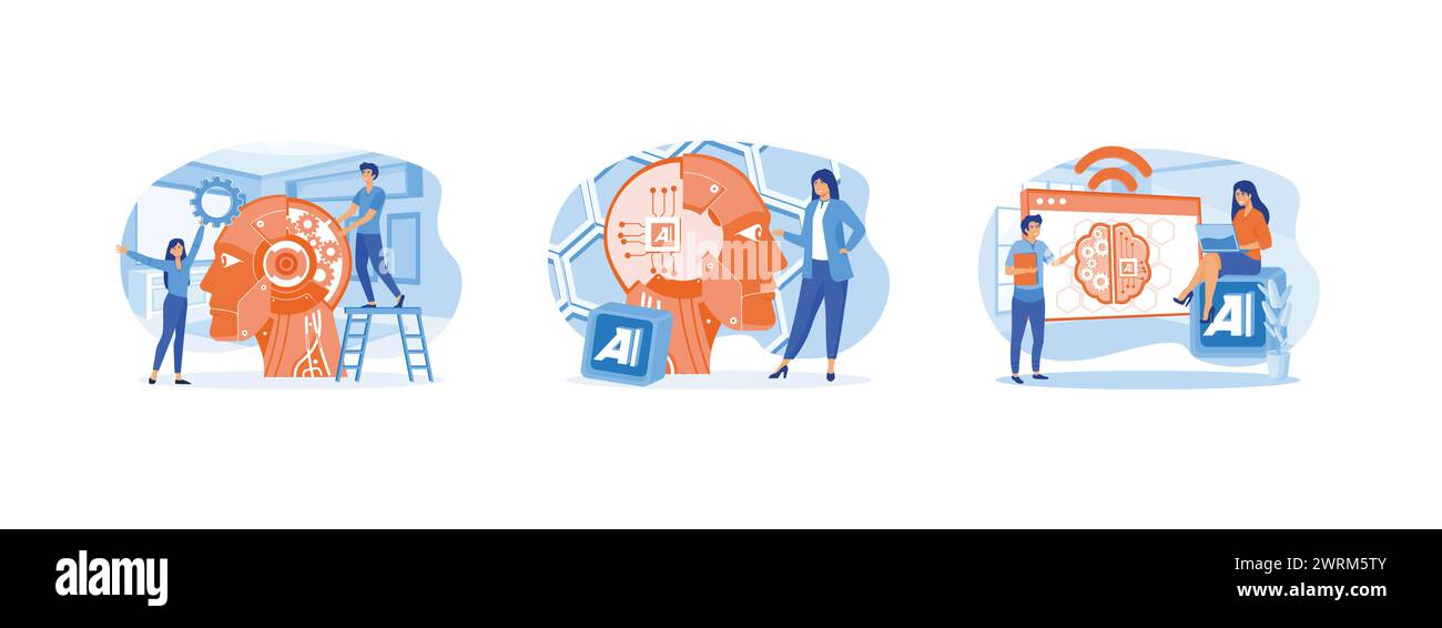 Machine Learning and Training. Artificial intelligence robot head. Robot heads inside artificial ...