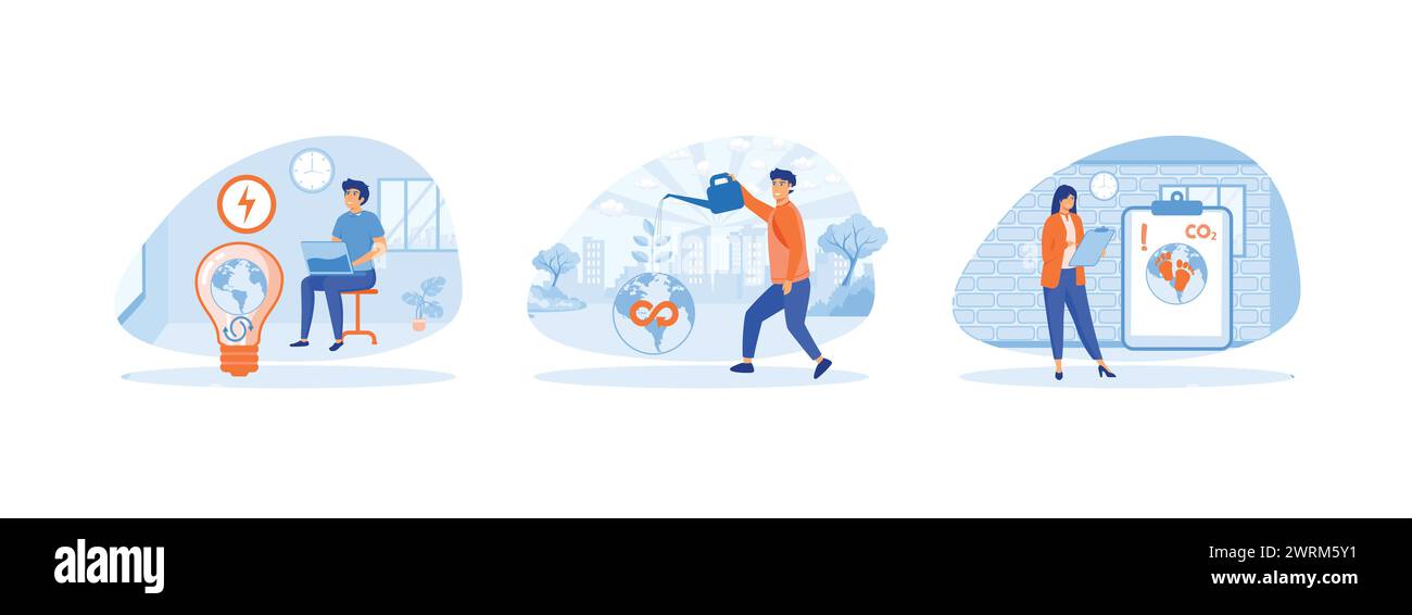 Circular economy. Man watering plants. Research green energy, reducing ...