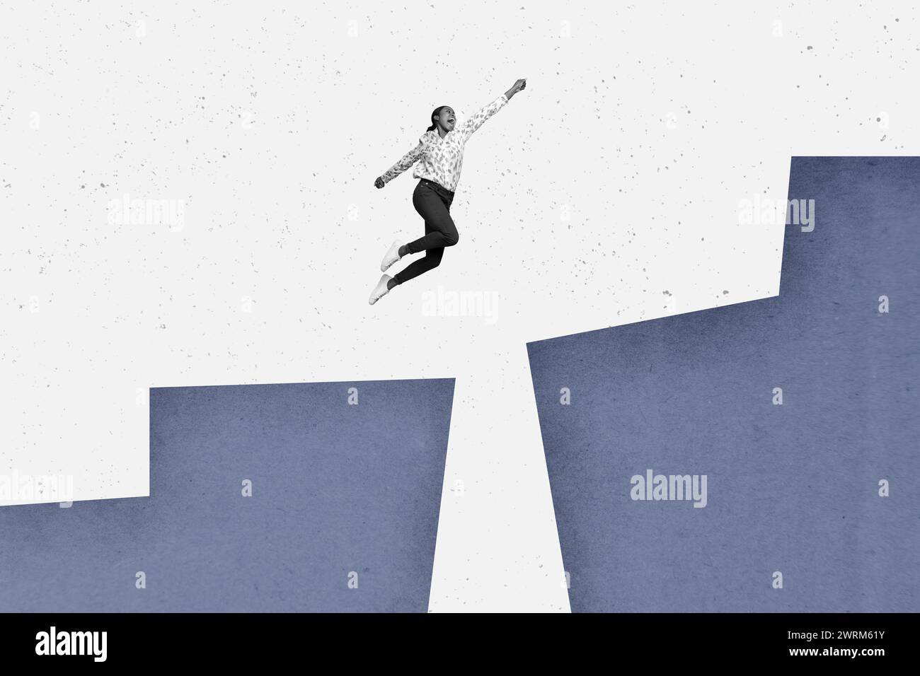 Creative image photo collage flying young excited girl overcome ...