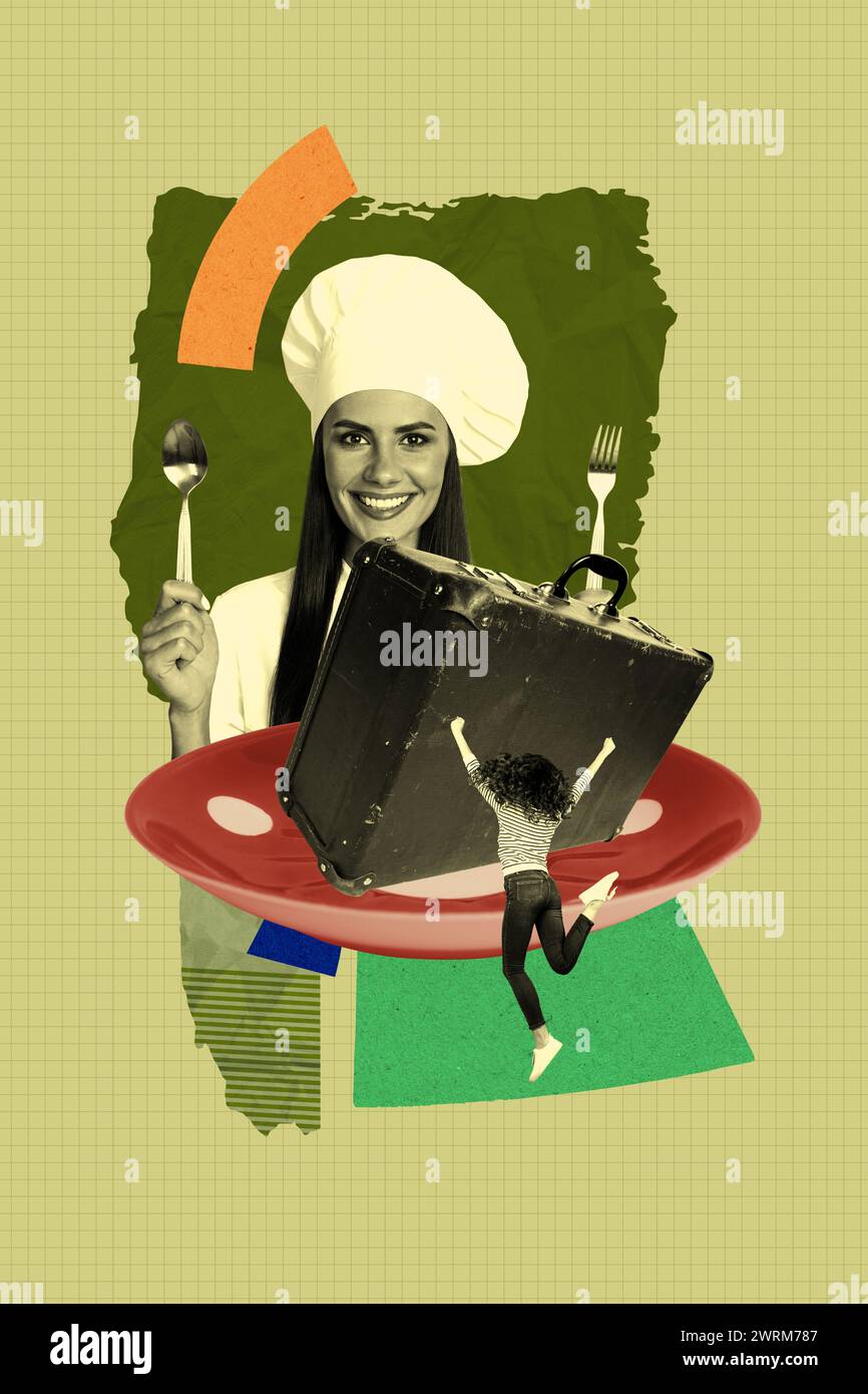 Collage image sketch of cheerful happy smiling professional chef eating ...