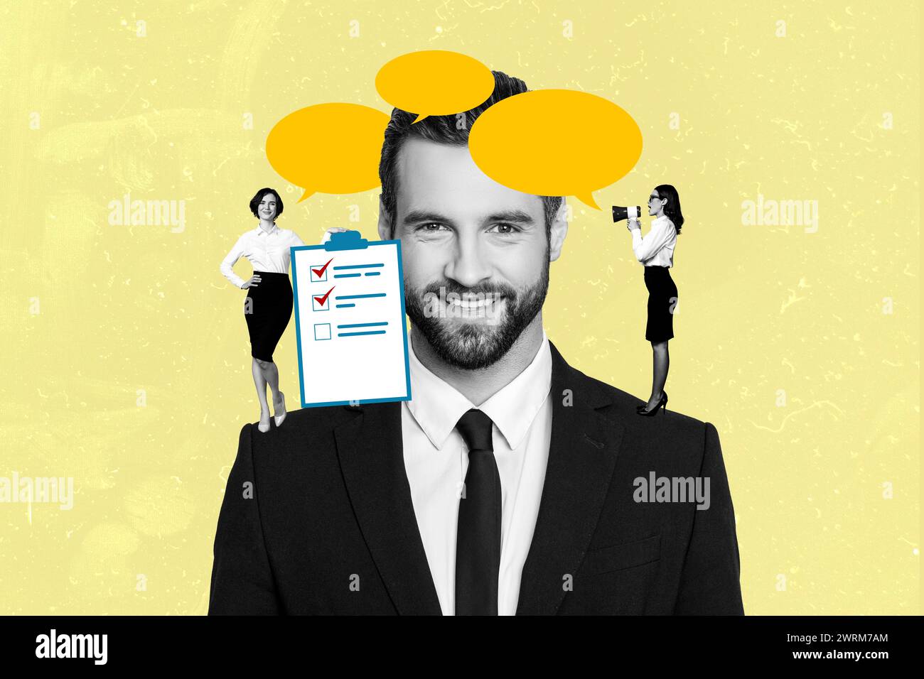 Creative composite photo collage of strict boss give tasks her ...